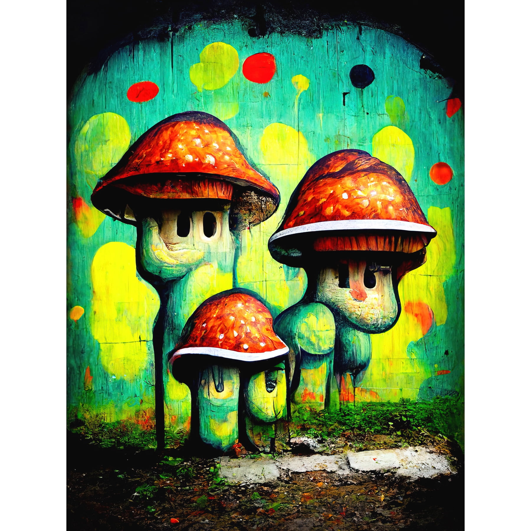 Trippy Red Cap Mushroom Houses Street Art Graffiti Mural Large Wall Art ...