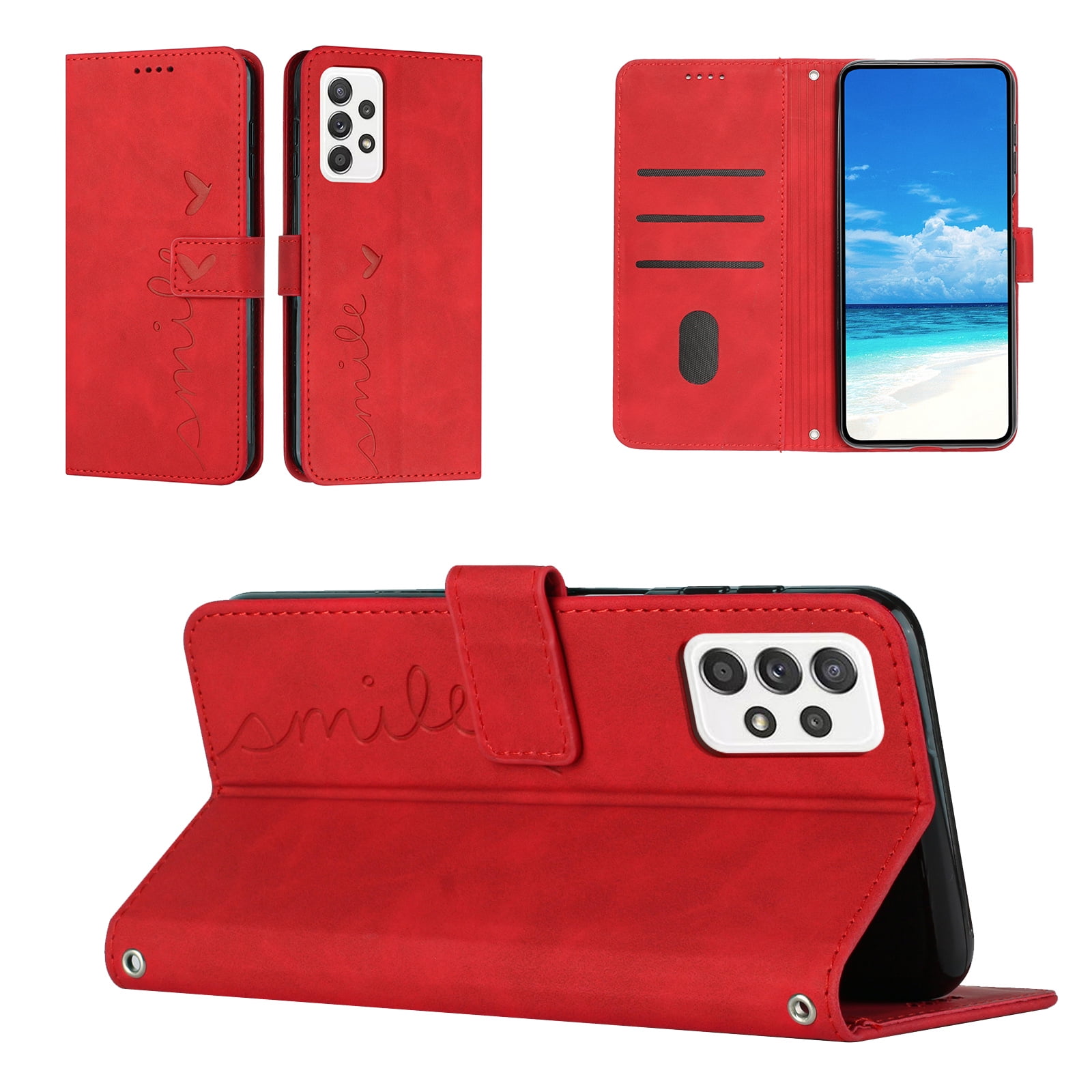 For Samsung Galaxy A72 Wallet Cover, PU Leather Kickstand Credit Card Pocket Slots Wrist Strap ...