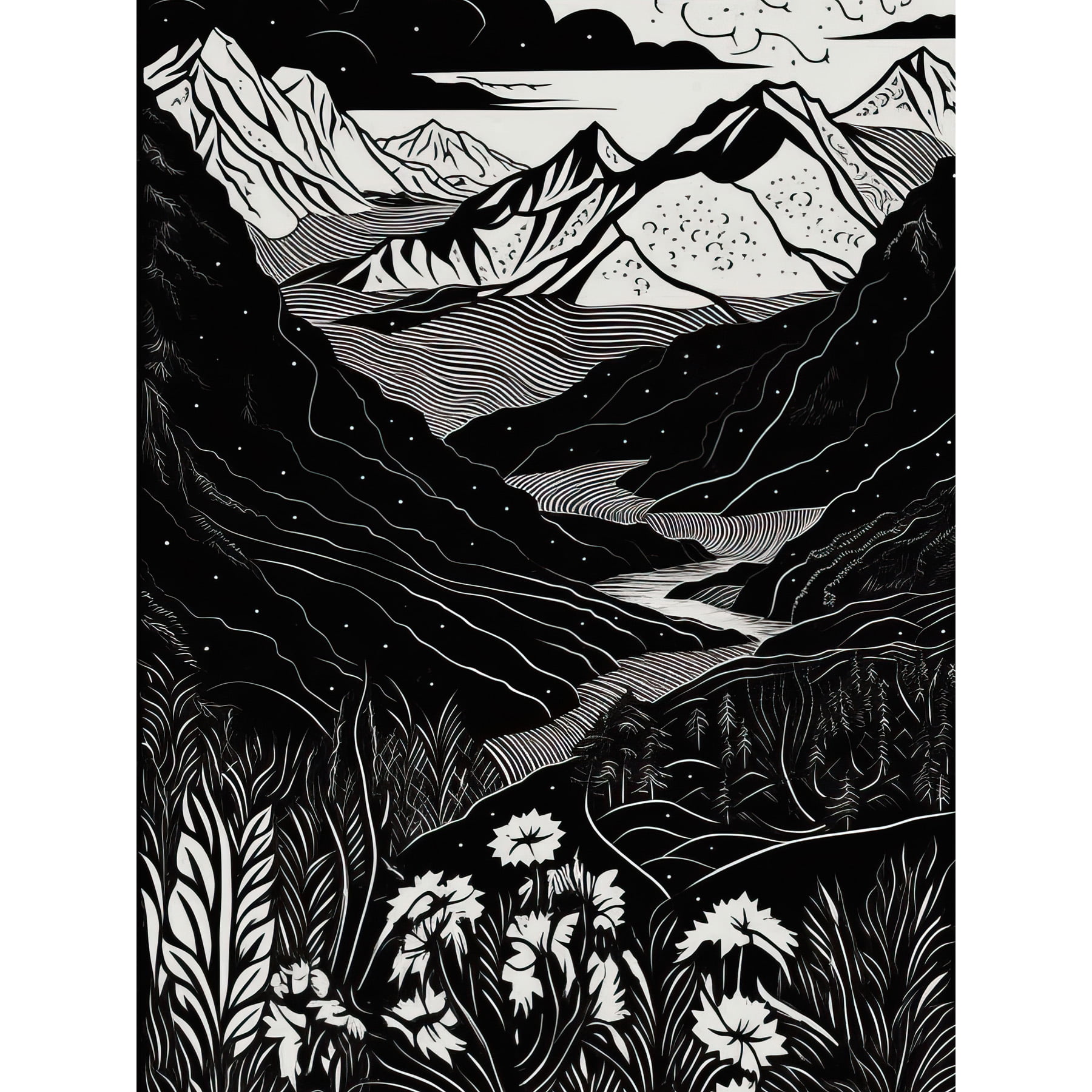 Wildflowers in Spring Mountain Landscape Linocut Large Wall Art Poster ...