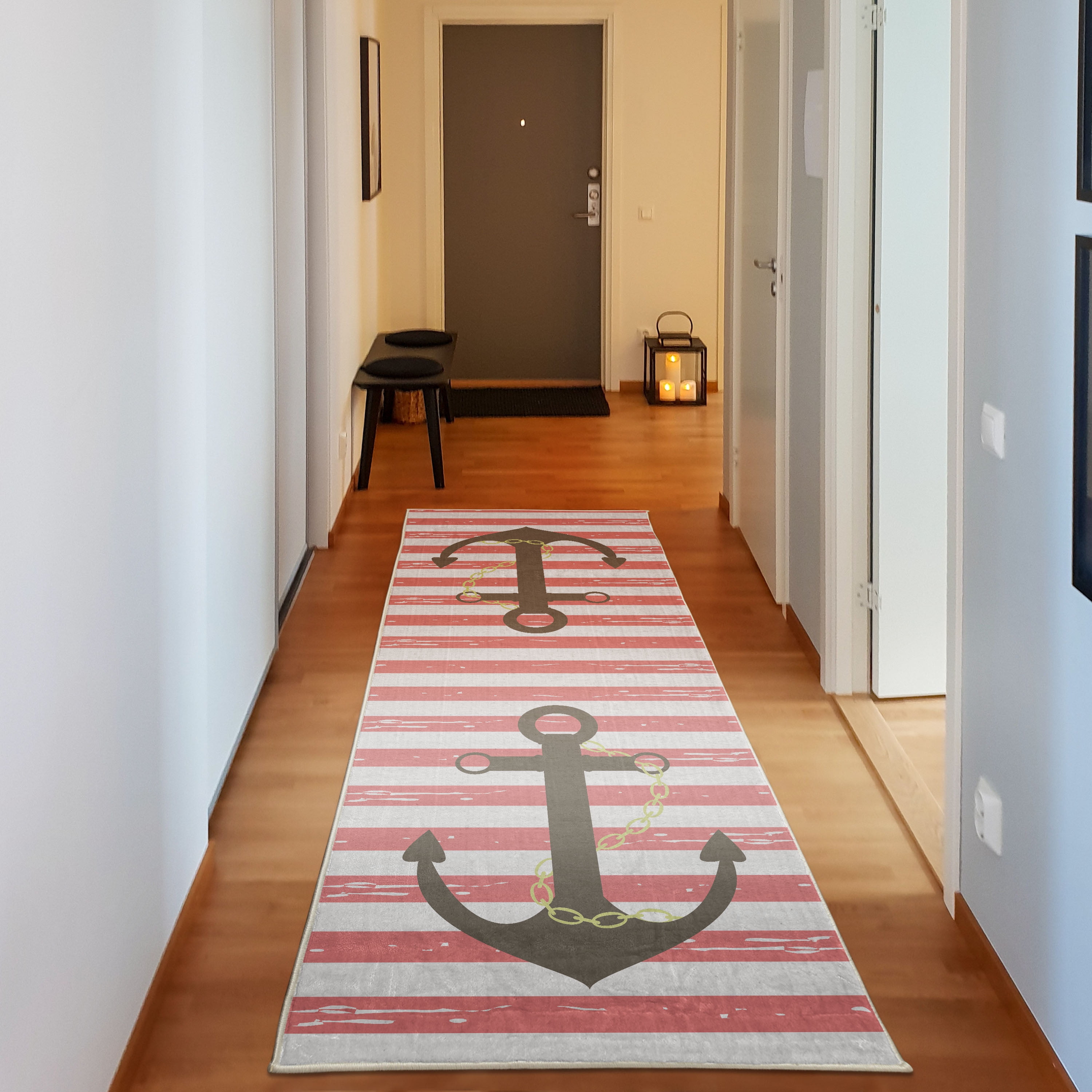 Striped Decorative Rug, Ship Anchor Chain Marine Life Inspired Lines ...
