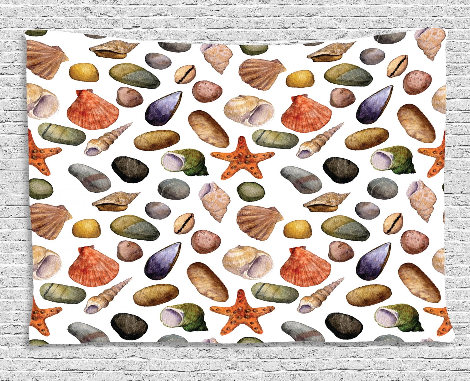 Shells Tapestry, Beach Sand Theme Watercolor Drawing of Sea Elements ...
