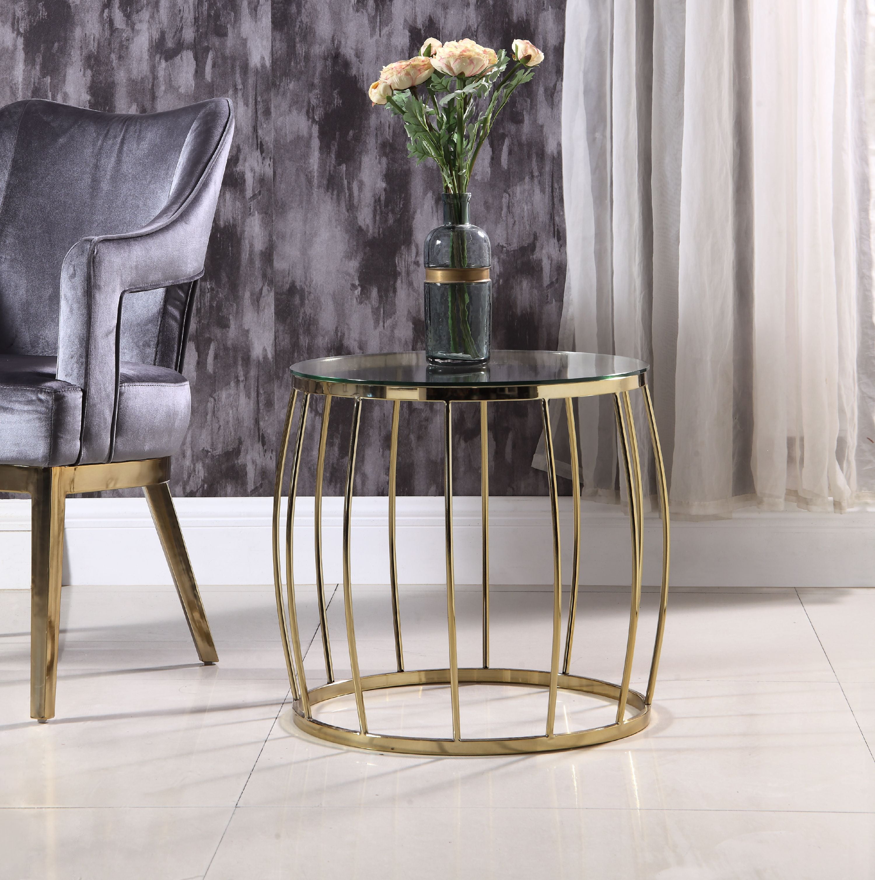 Chic Home Robson Side Table Gold Finished Round Base Glass Top ...