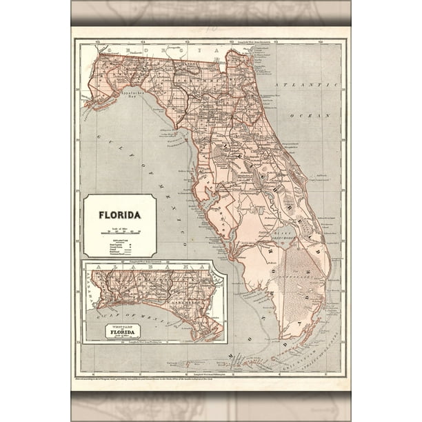 24"x36" Gallery Poster, Florida; Inset map of west part of Florida 1842 ...