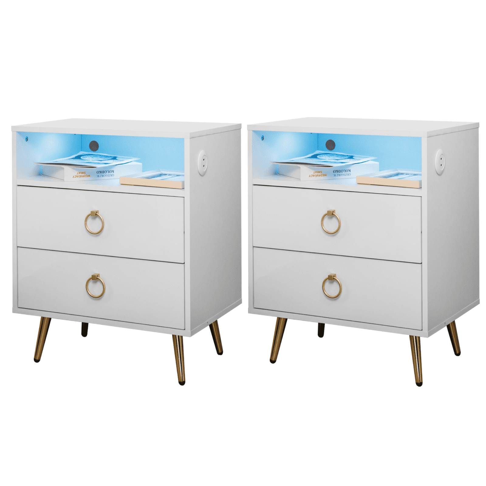 Hommpa LED Nightstand Set of 2 White Night stand with Charging Station ...