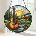 Acoustic Guitar Faux Stained Glass Suncatcher, Waterfall Cabin Scene ...