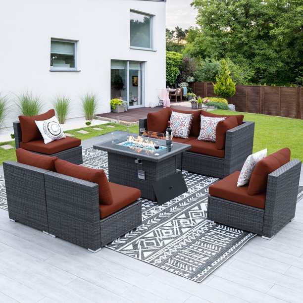 NICESOUL7 Pcs Patio Furniture with Fire Pit Table Wicker Set Dark Gray ...