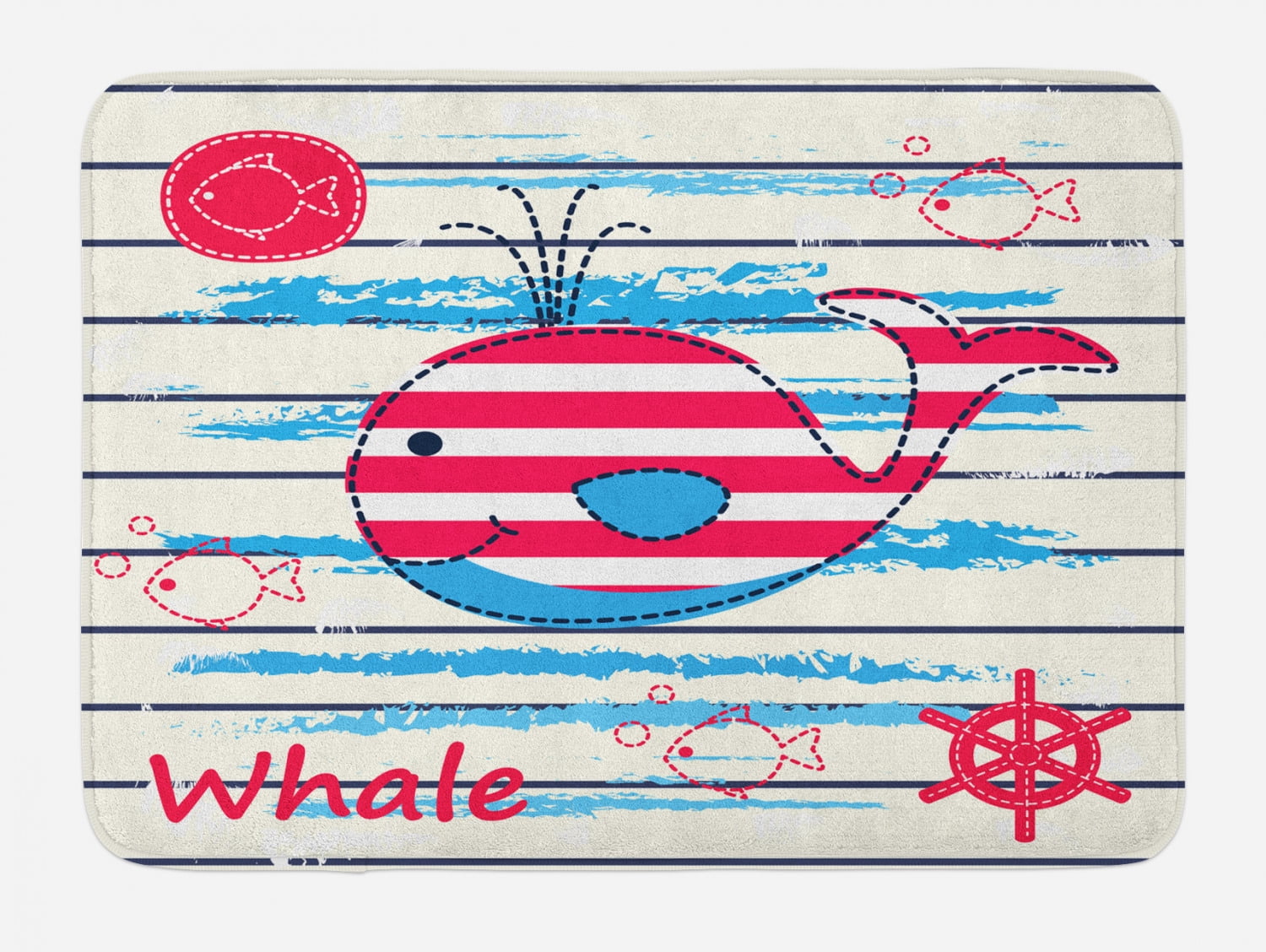 Cartoon Bath Mat, Cute Whale Swimming with Fish Sailor Marine World ...