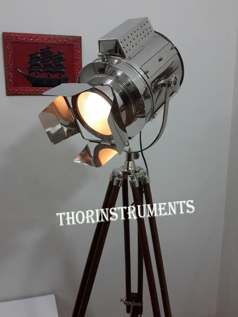 COLLECTIBLE MARINE SEARCH LIGHT CHROME w/BROWN WOODEN TRIPOD STAND ...