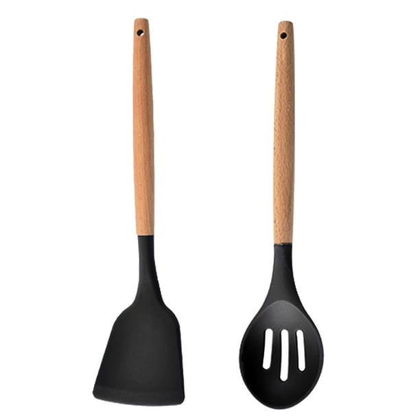 2-Piece Kitchen Silicone Cooking Utensils Set, Wooden Handle Kitchen ...
