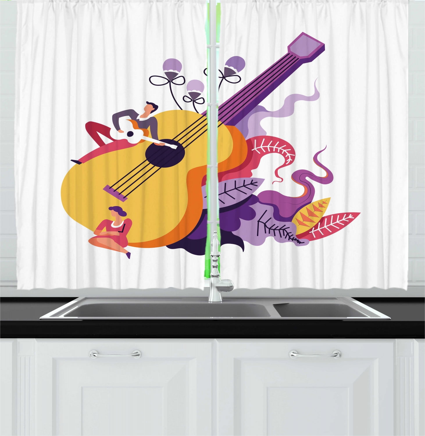 Music Curtains 2 Panels Set, Performance of a Guitarist Playing on Big ...