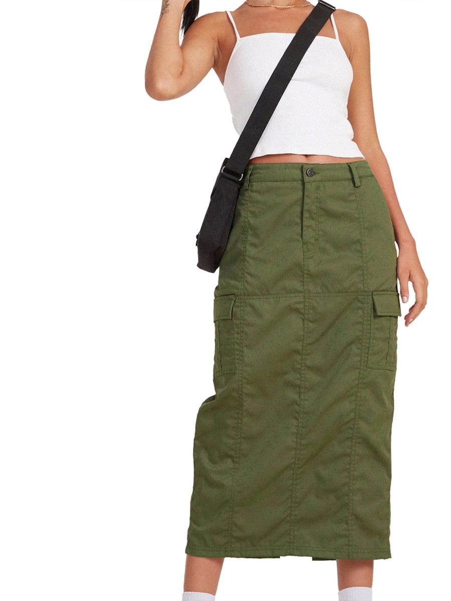 Qiylii Cargo Skirt For Women With Pockets Vintage Low Rise Drawstring