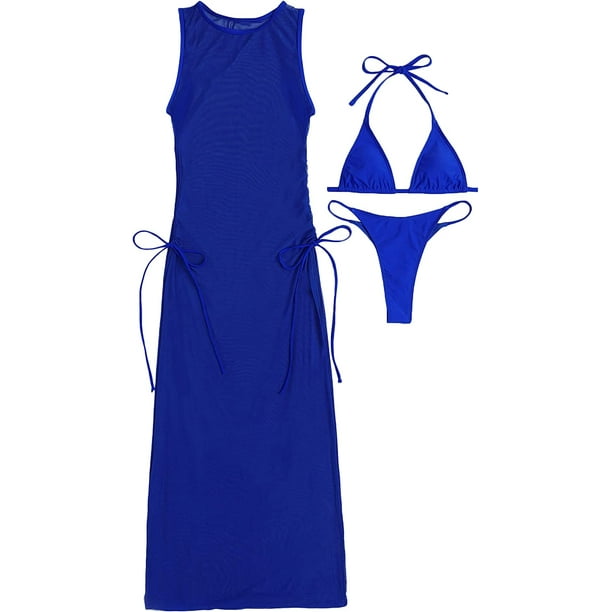 Women's Sexy 3 Piece Swimsuits Mesh Cover Up Micro Triangle Halter ...