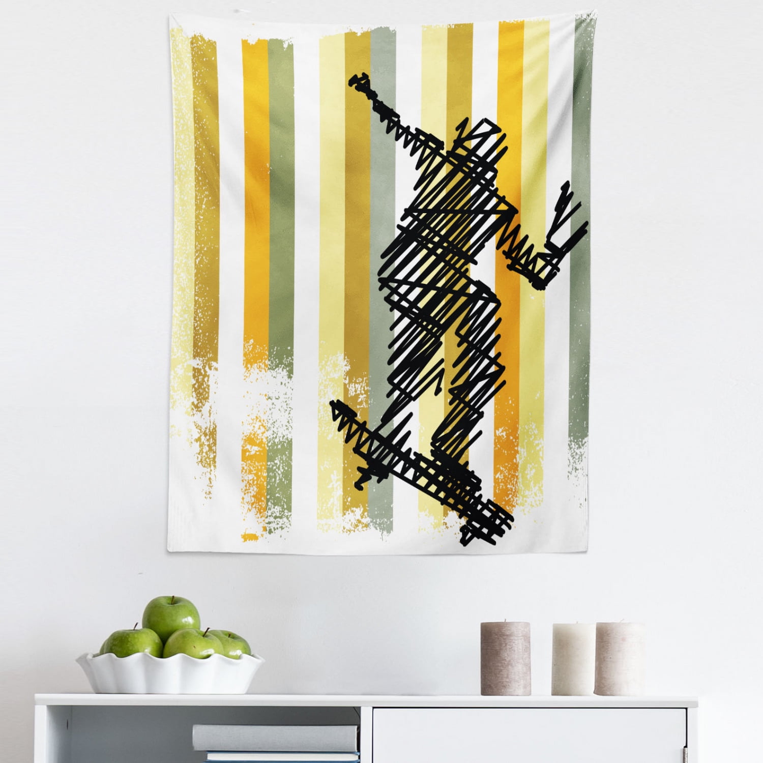 Youth Tapestry, Jumping Skateboarder Scribble Sketch Art on Striped ...