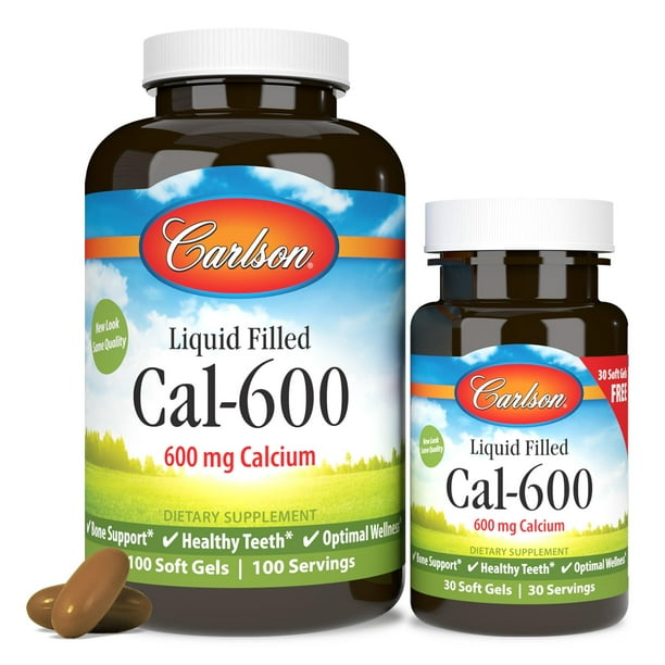 Suplemento Carlson Cal-600 de calcio, 600 mg, soporte óseo, 130 ...