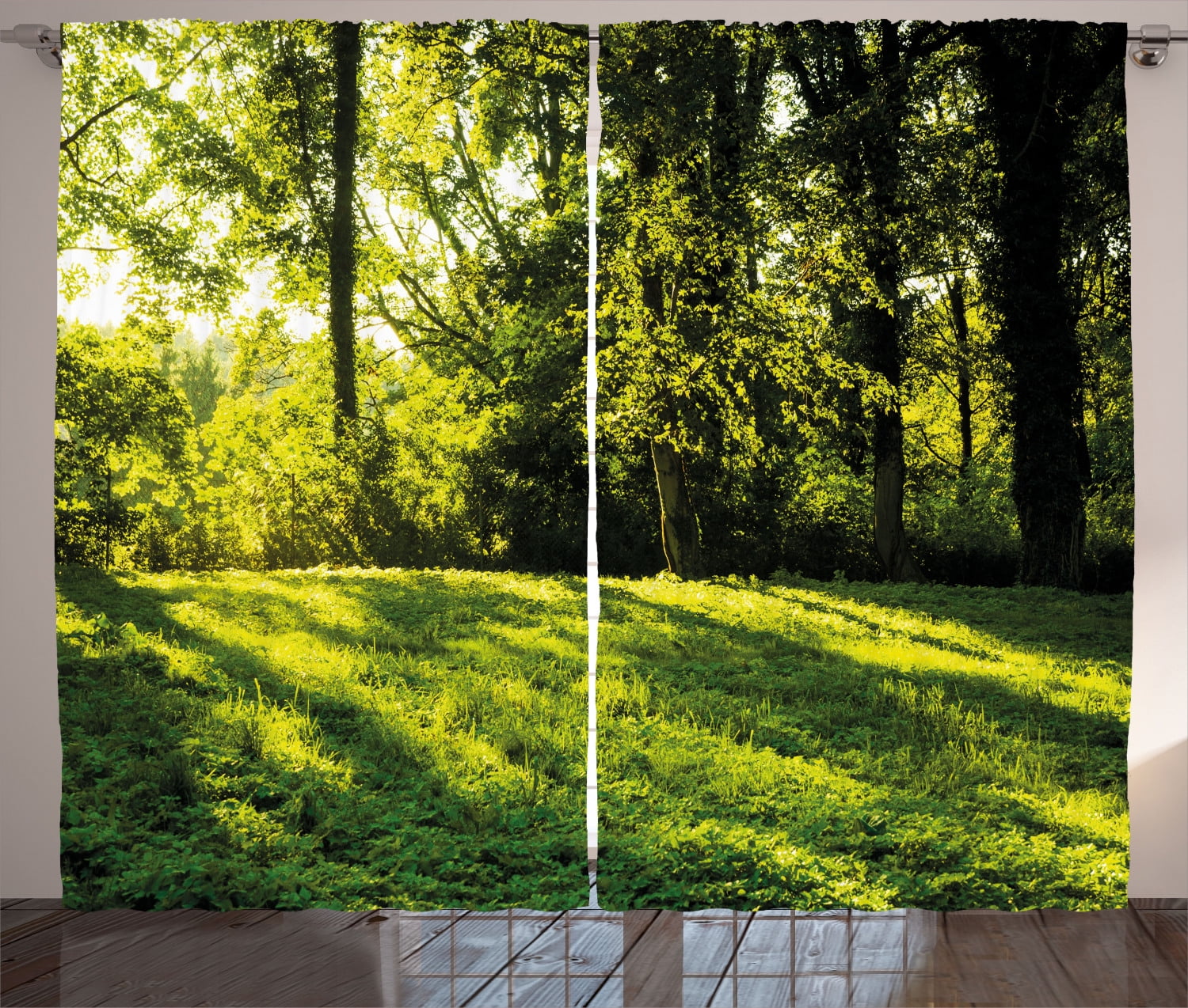 Green Curtains 2 Panels Set, Forest Landscape at Sunrise Beams Trees ...