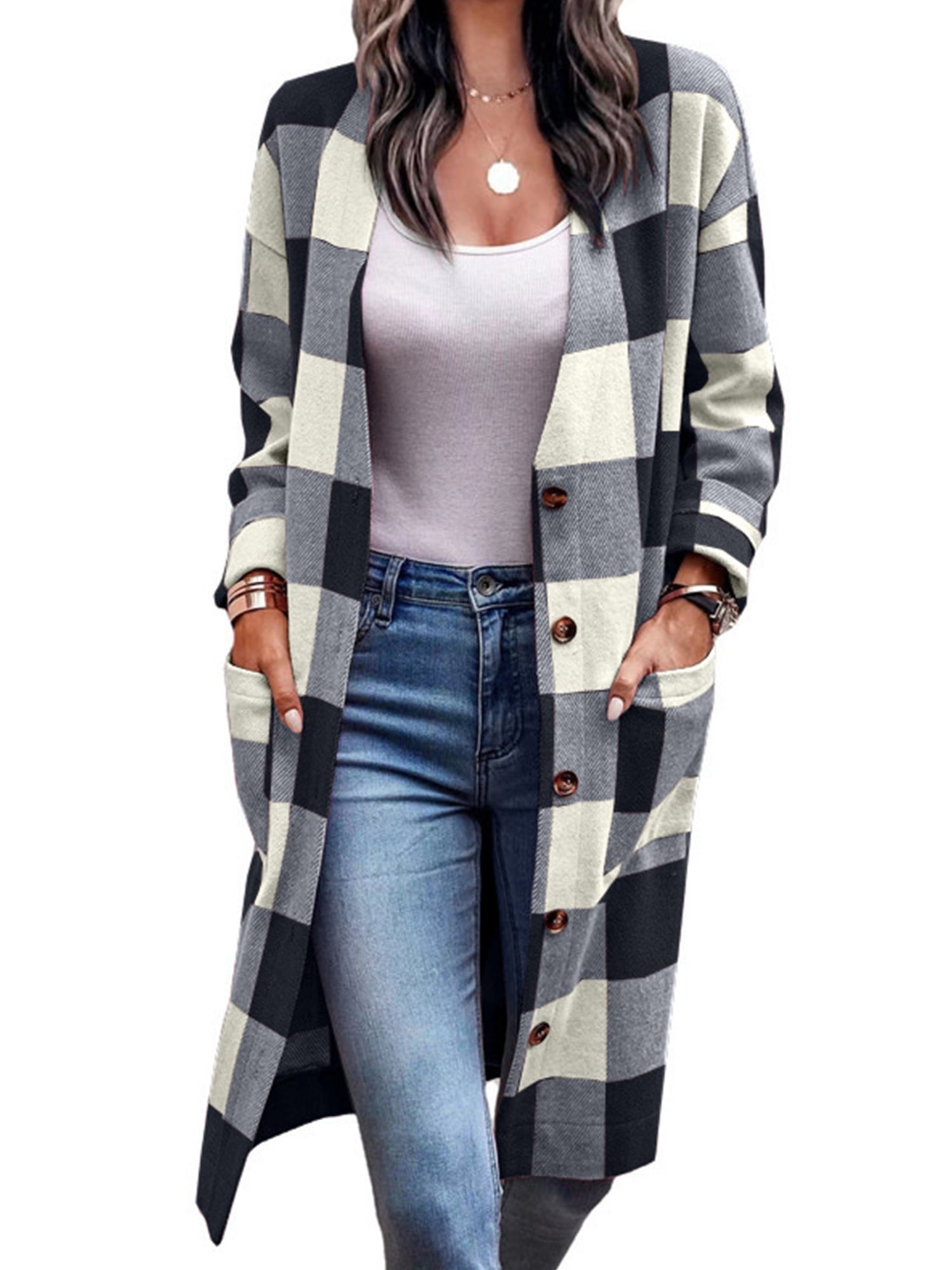 Capreze Women Long Flannel Plaid Jacket Button Down Shirt Shacket ...