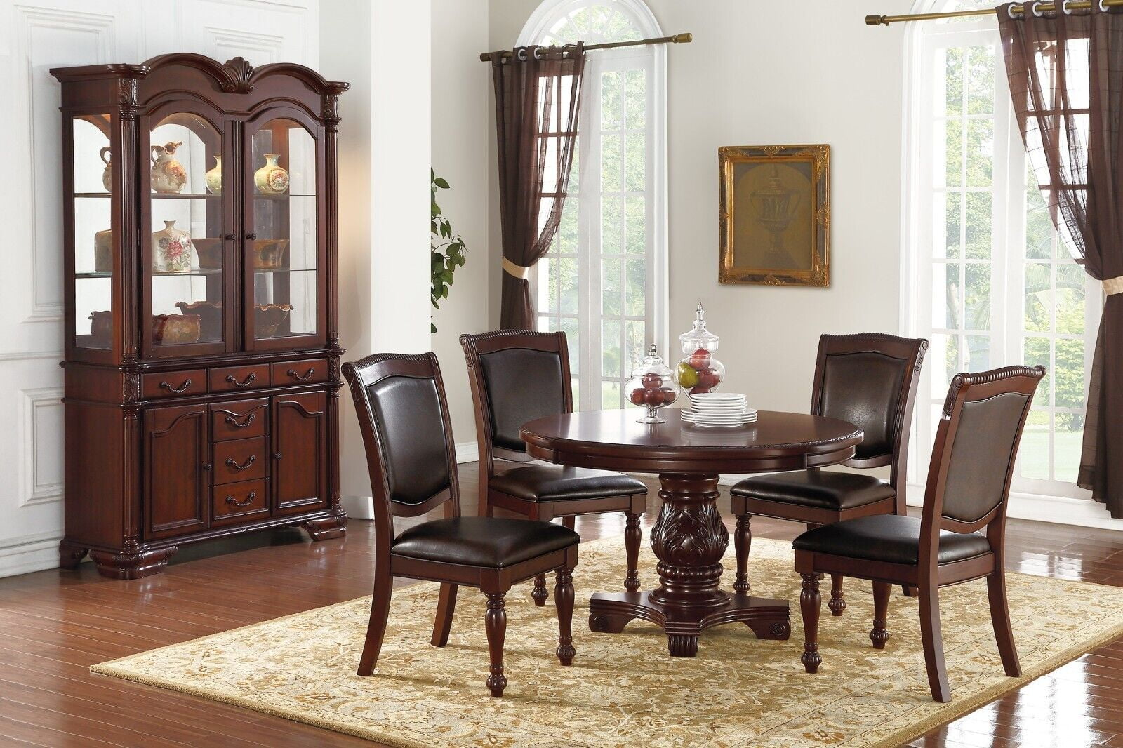 Gorgeous Dark Brown Traditonal Dining Room 5pc Set Round Dining Table ...