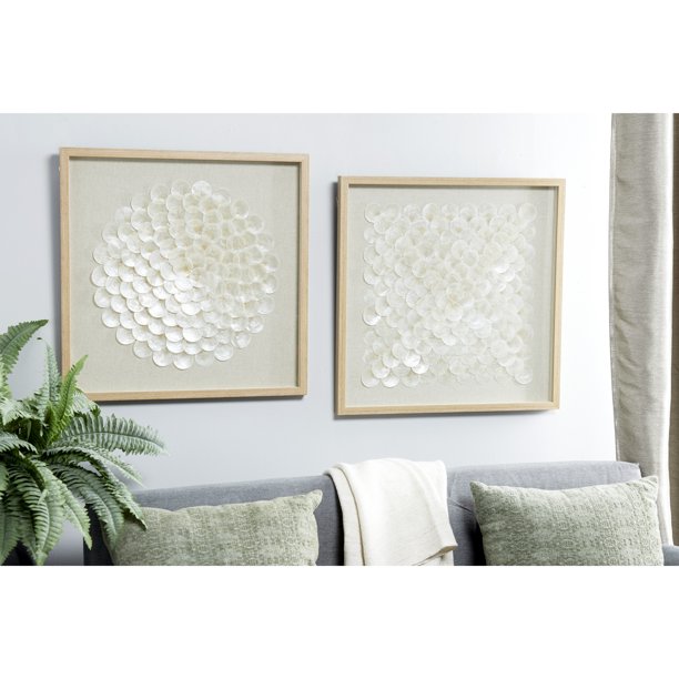 24"W, 24"H Cream Geometric Handmade Overlapping Shells Shadow Box with ...