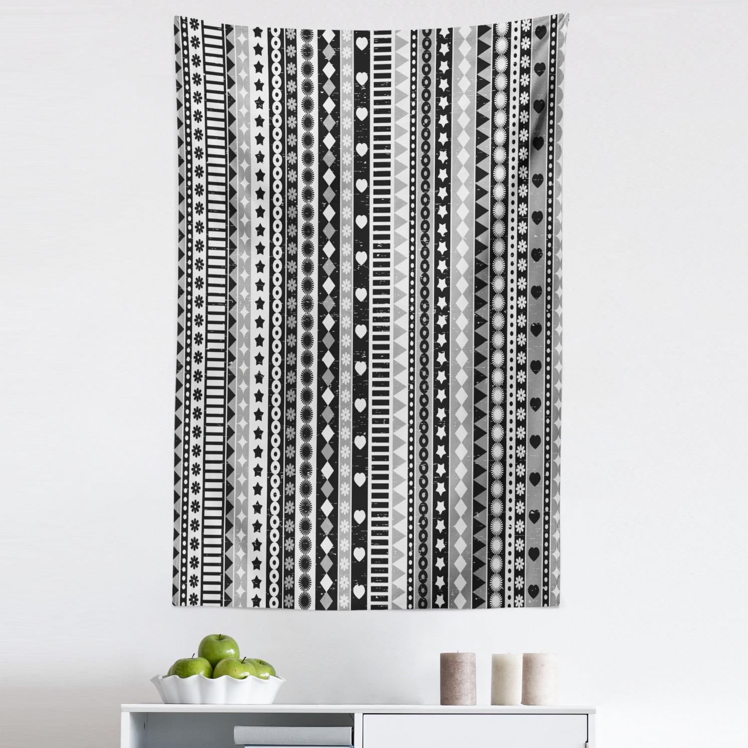 Retro Tapestry, Ribbon Like Stripe with Stars Flowers and Hearts ...