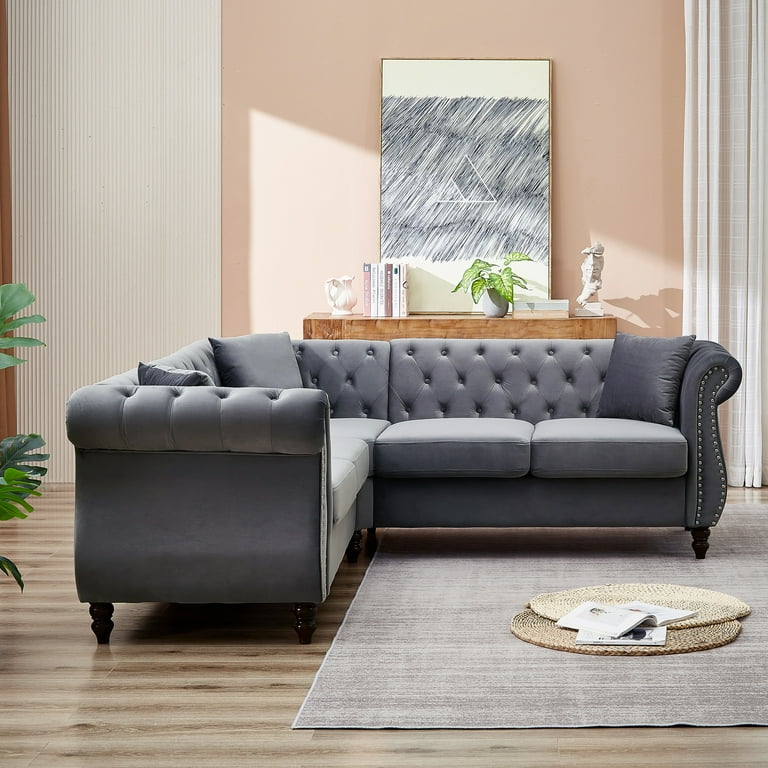 83.5 L Shaped Sectional Sofa with 3 Pillows Velvet Upholstered Button Tufted Chesterfield Sofa with Nailhead Trims Oversized Corner Sofa for Living