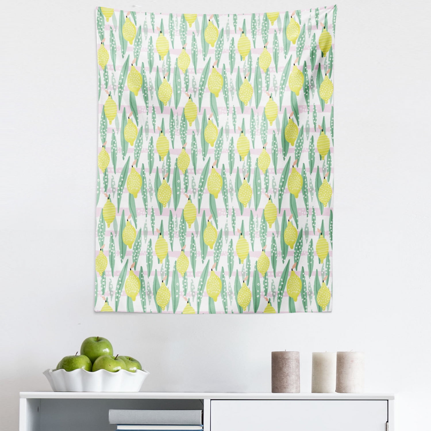 Lemons Tapestry, Vertically Aligned Lemon Leaves and Patterned Fruit on ...