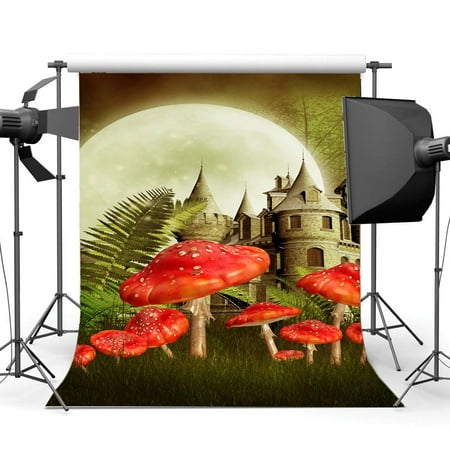 BSDHOME Polyester 5x7ft Fairytale Castle Backdrop Dreamy Red Mushroom ...