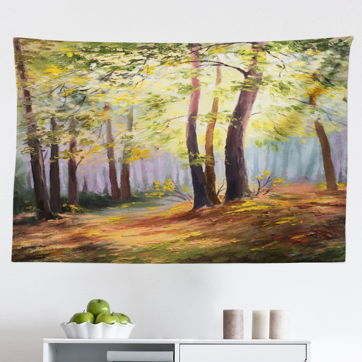 Country Tapestry, Painting of a Forest by The Small Lake in Autumn Pale ...