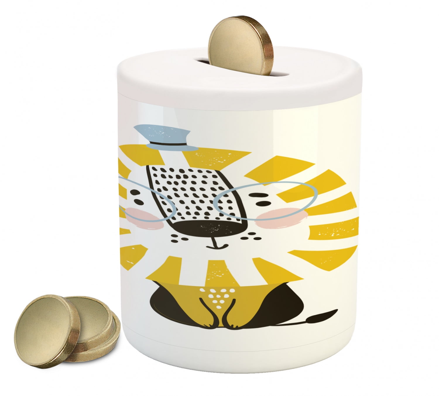 Lion Piggy Bank, Doodle Style Jungle Animal with Mane Glasses and Hat ...