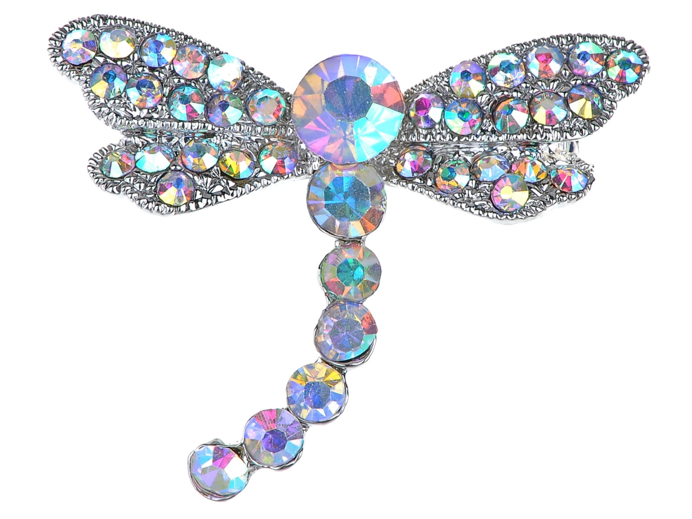 Silvery Tone Iridescent Rhinestones Dragonfly Insect Wings Brooch Pin ...