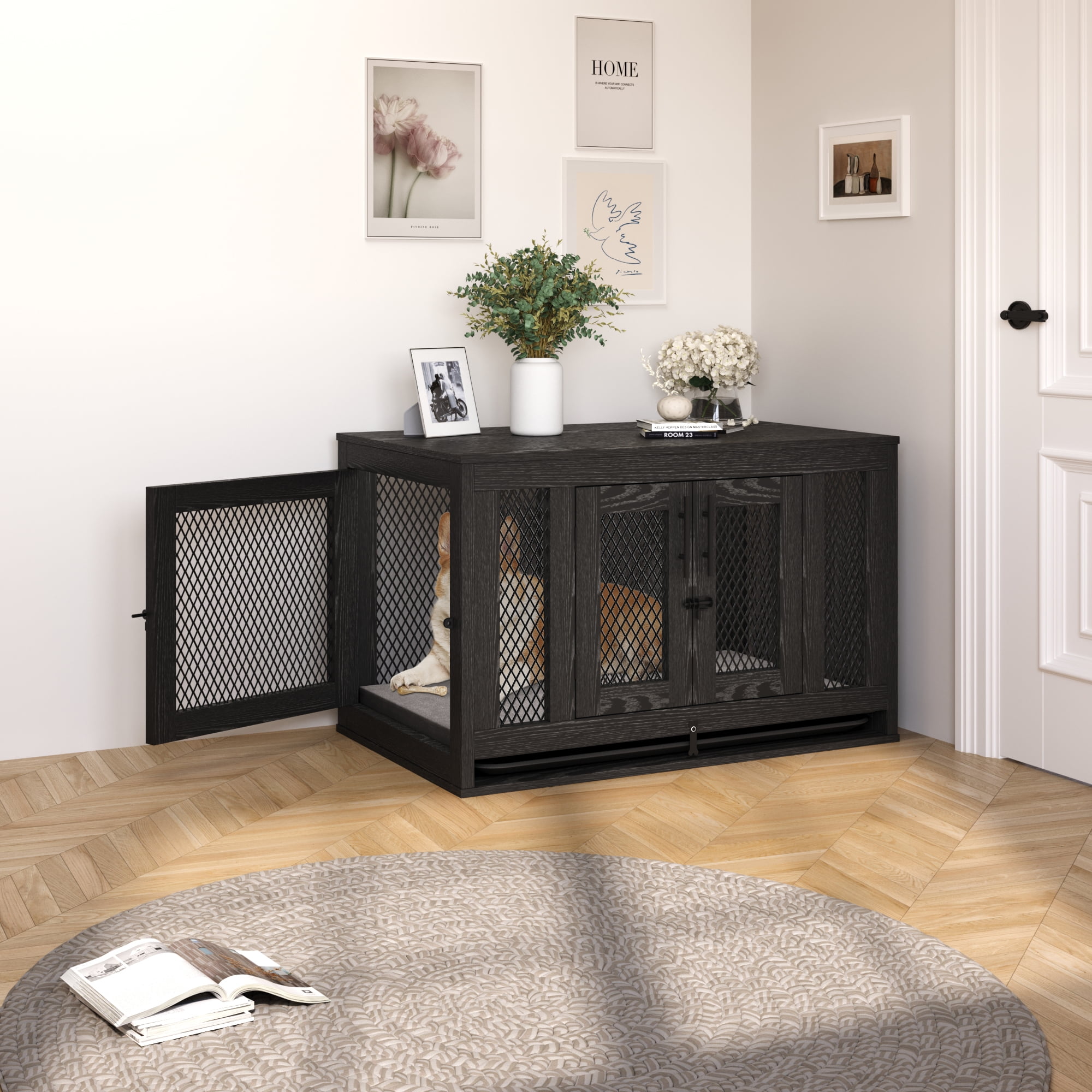 AIEGLE Dog Cage House, Wooden Dog Crate Kennel with Cushion & Tray ...
