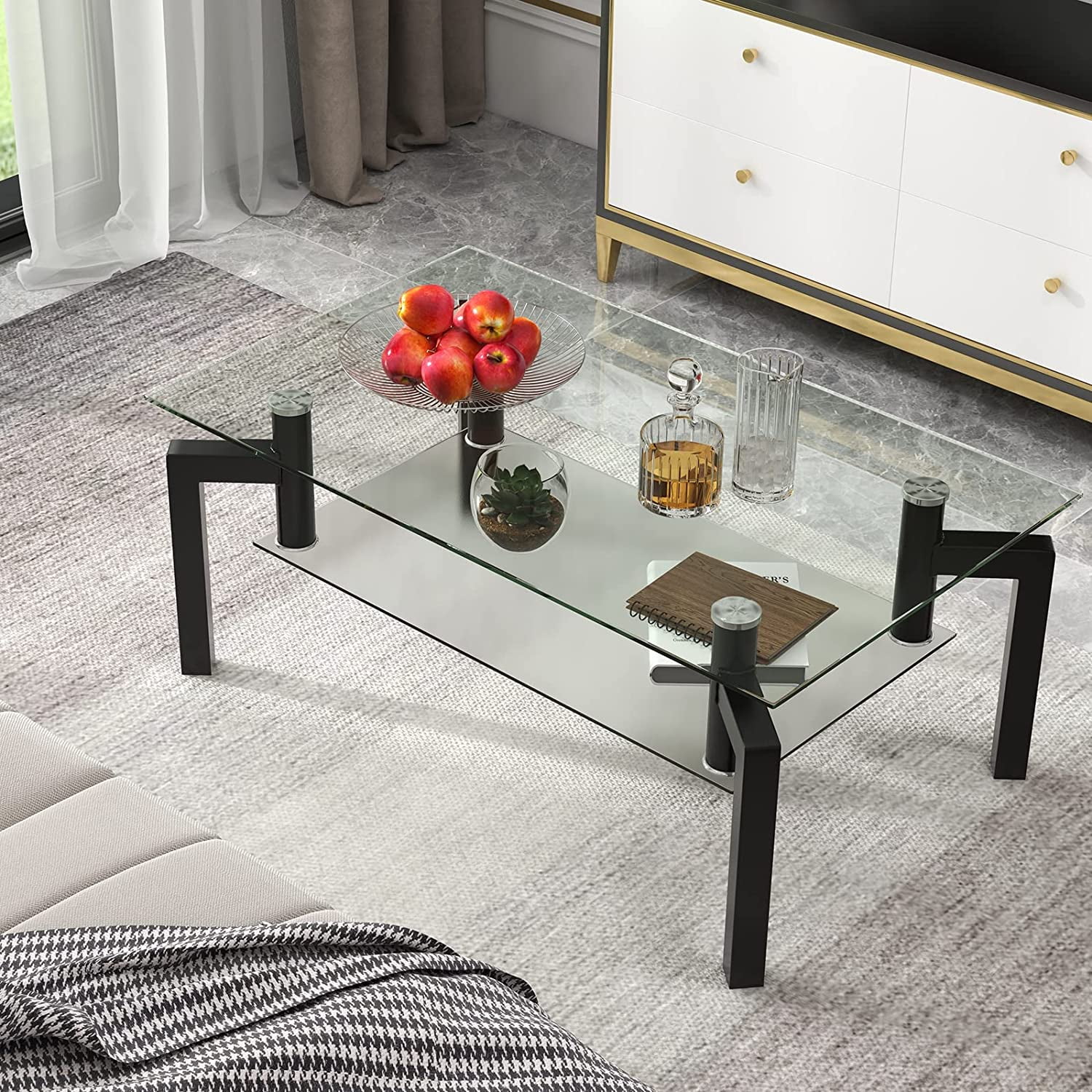 2-Tier Glass Coffee Table - Center Table with Tempered Glass Top & Open ...