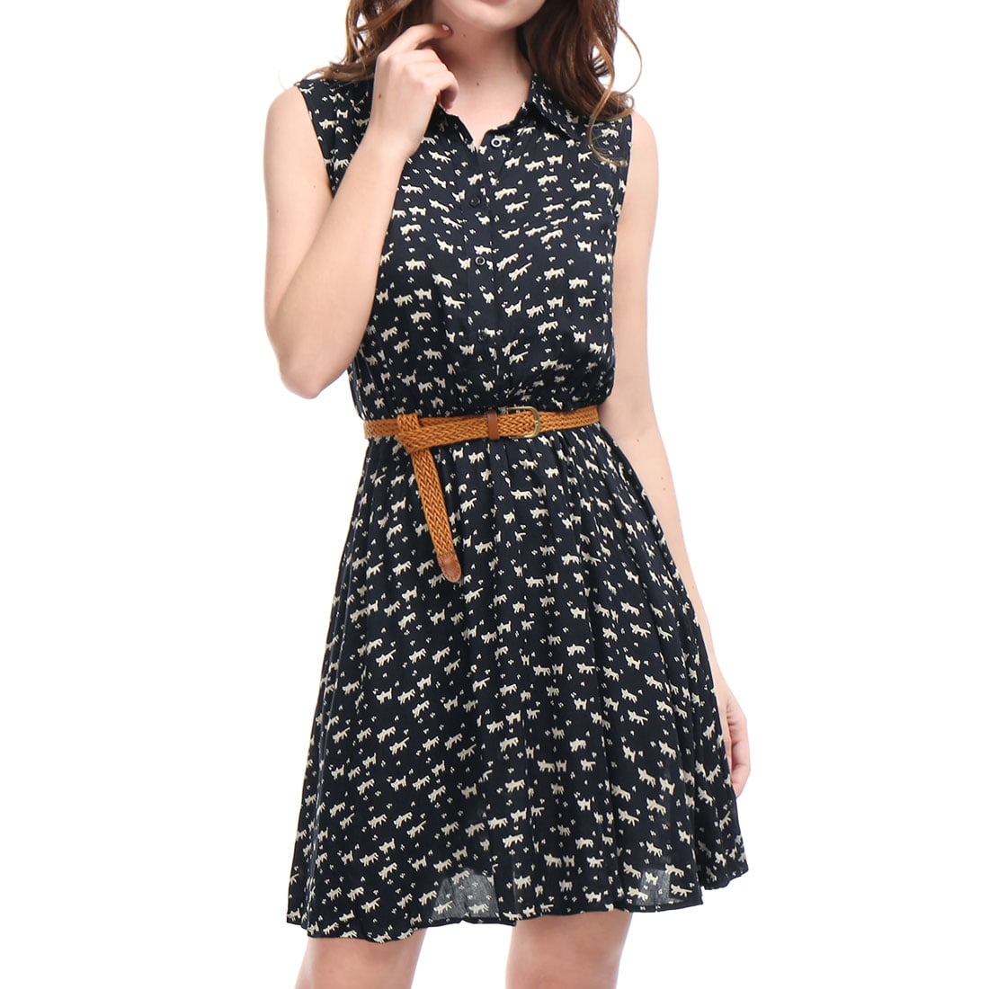 Unique Bargains Women's 1/2 Placket Cat Printed Sleeveless Dress w Belt ... Unique Bargains Women's 1/2 Placket Cat Printed Sleeveless Dress w Belt ...