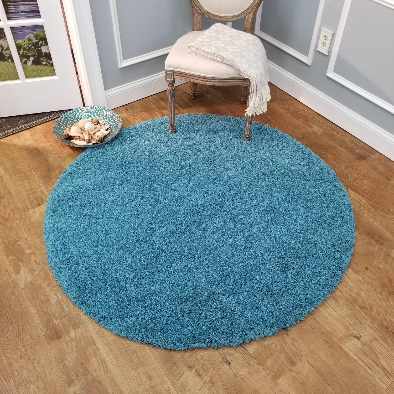 Maxy Home Bella Solid Turquoise Blue 5 ft. Round Shag Area Rug ...