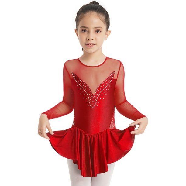 Iefiel Girls Rhinestone Leotard Ballet Dress Mesh Splice Figure Ice