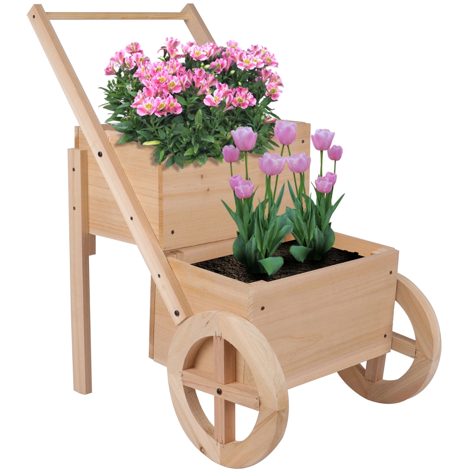 BIGTREE Wood Wagon Flower Planter Cart 2 Tier Flower Box Display Beige ...
