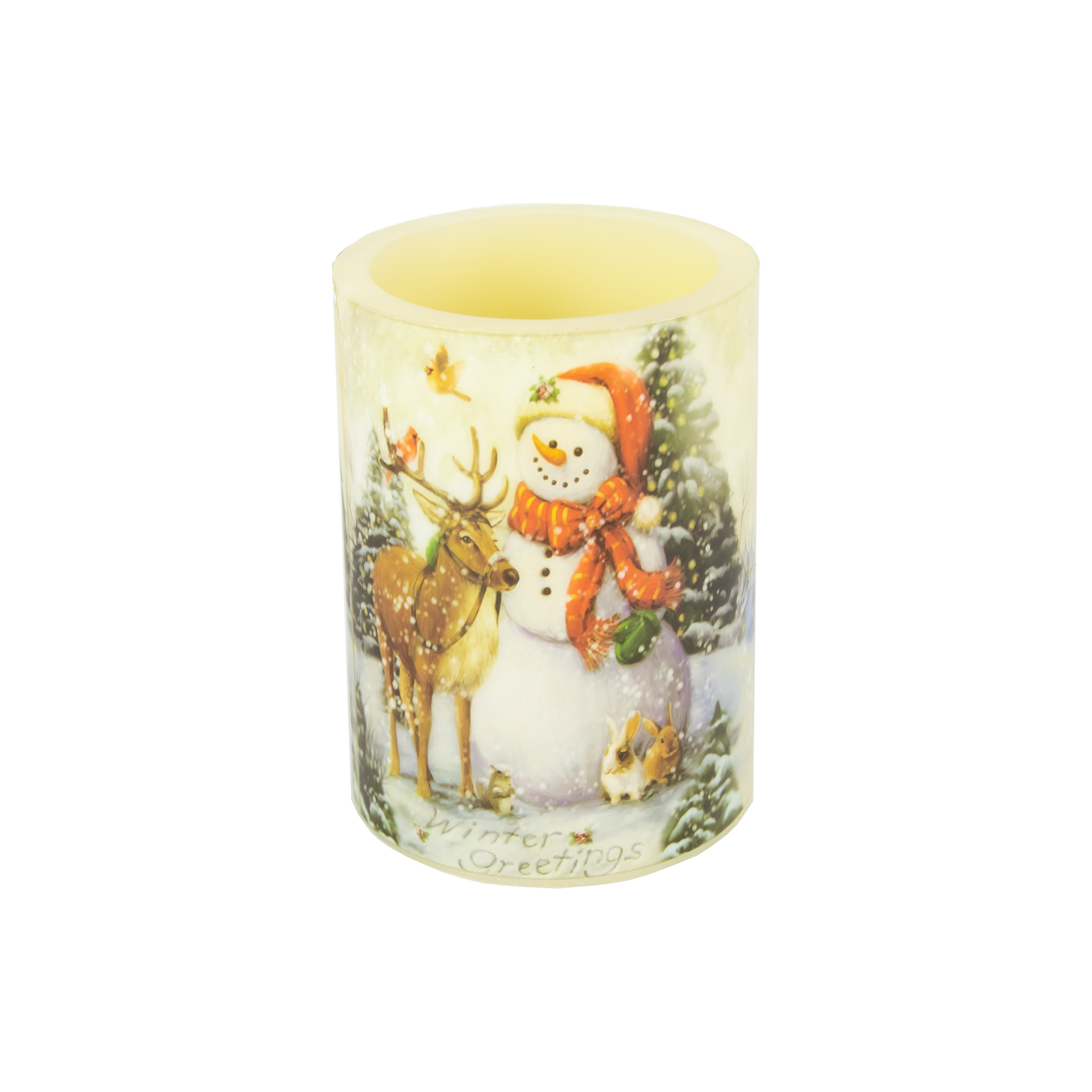 Holiday Winter Greetings Flameless 4-Inch Pillar Candle in White ...