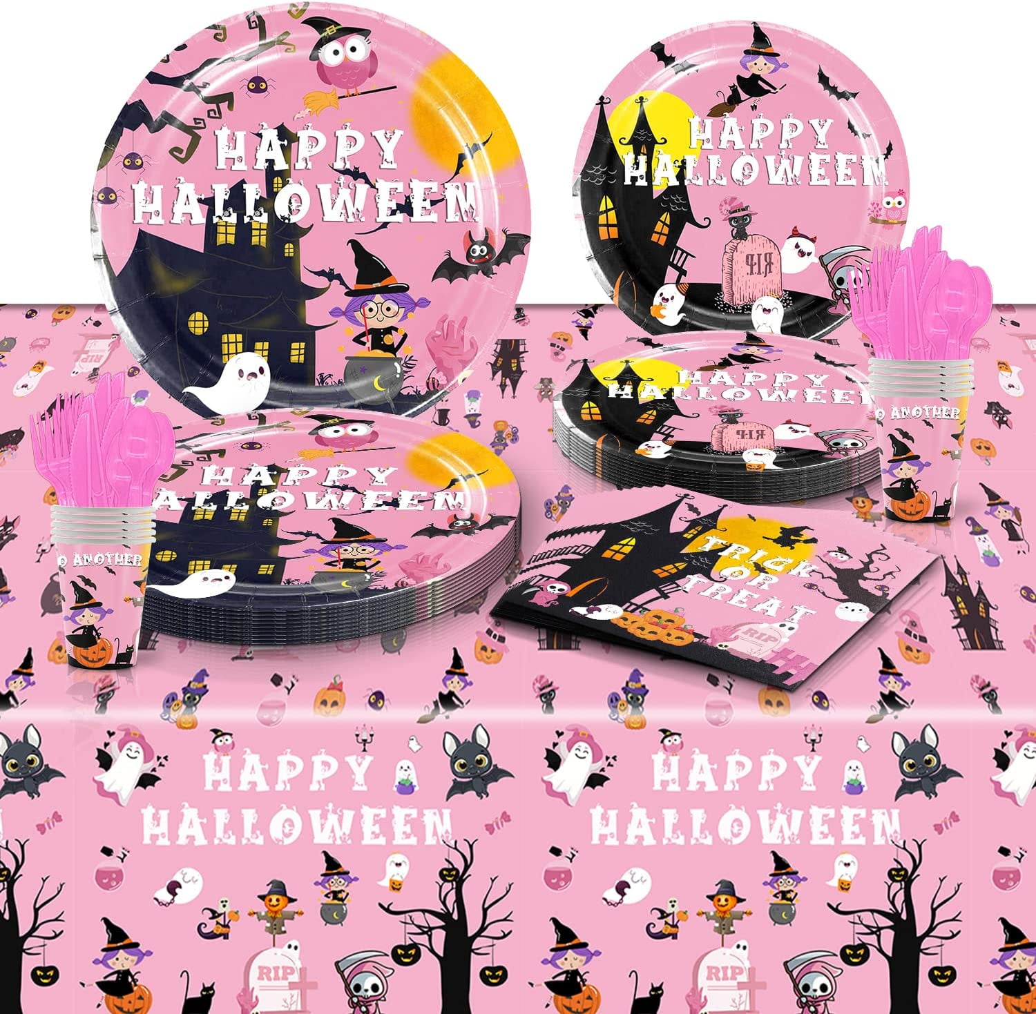 Halloween Party Supplies Serve 24, Pink Print with Haunted House ...