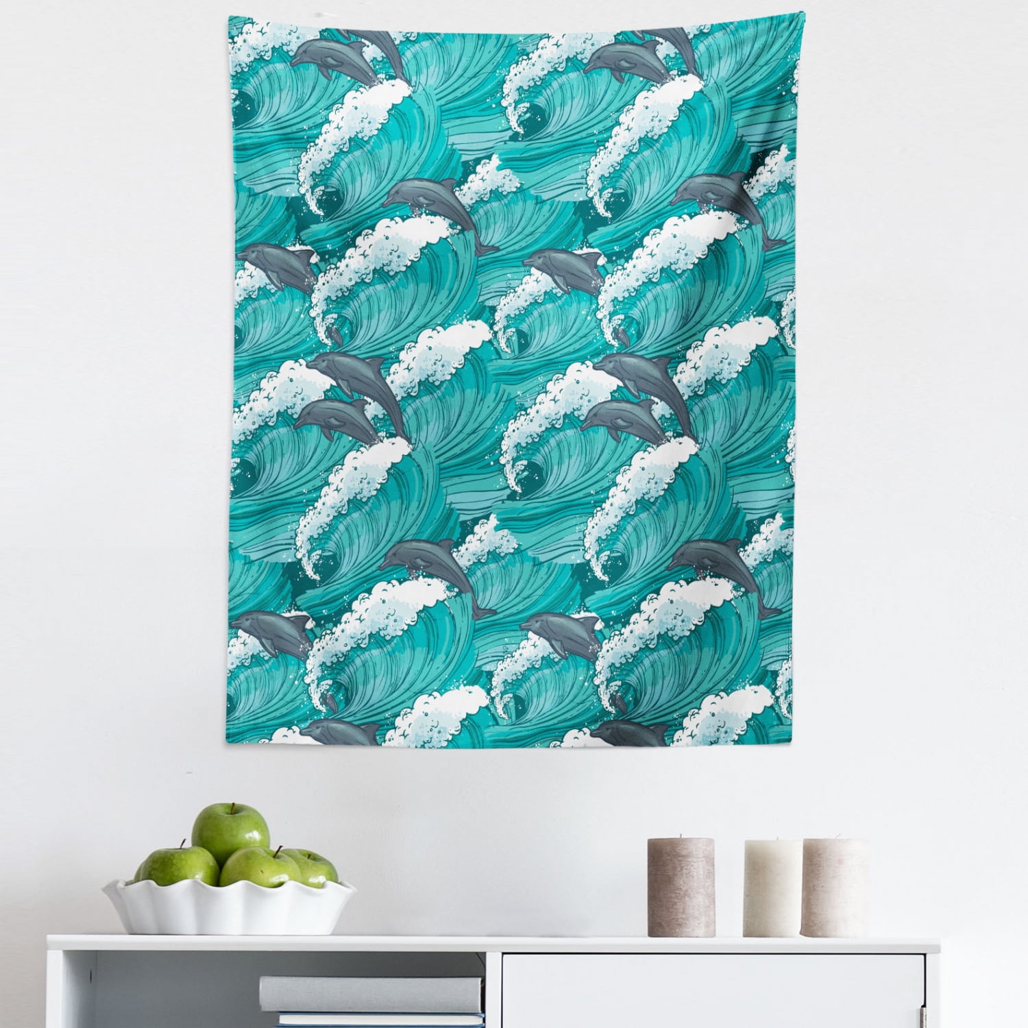 Ocean Tapestry, Wavy Ocean with Dolphins Windy Surfing Doodle Style Art ...