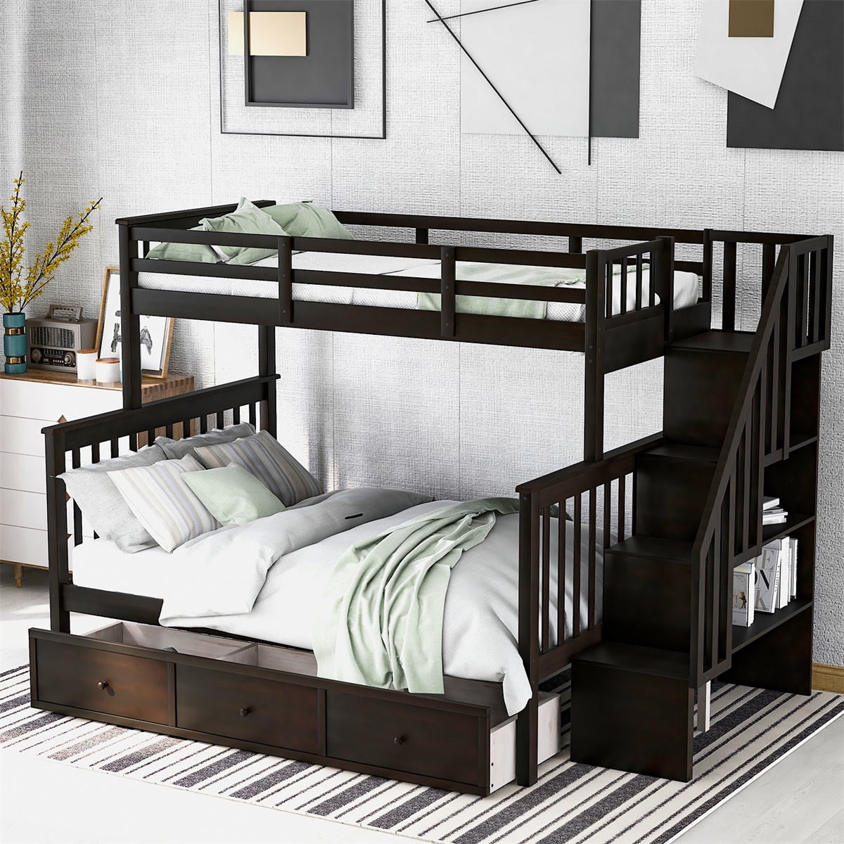 Twin-Over-Full Bunk Bed, Stairway Wood Bunk Bed Frame with Drawer, Storage & Guard Rail, Solid ...