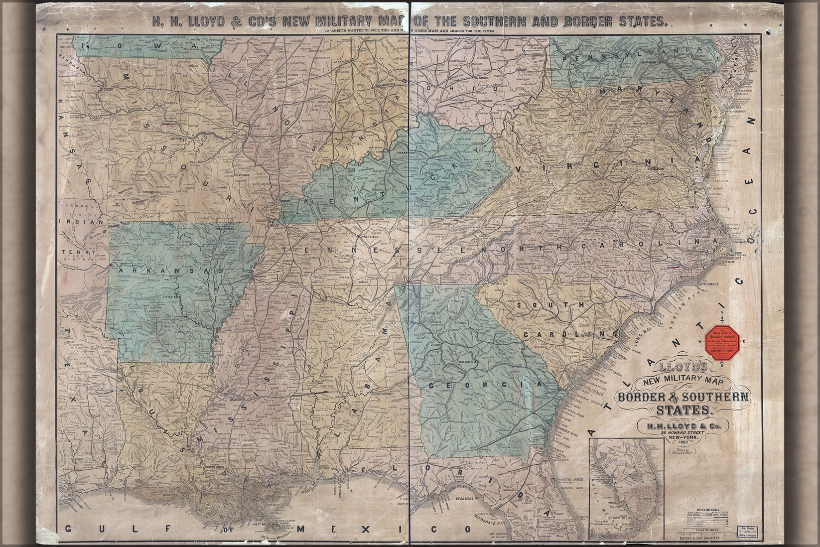 24"x36" Gallery Poster, civil war map border & southern states 1862 p2 ...