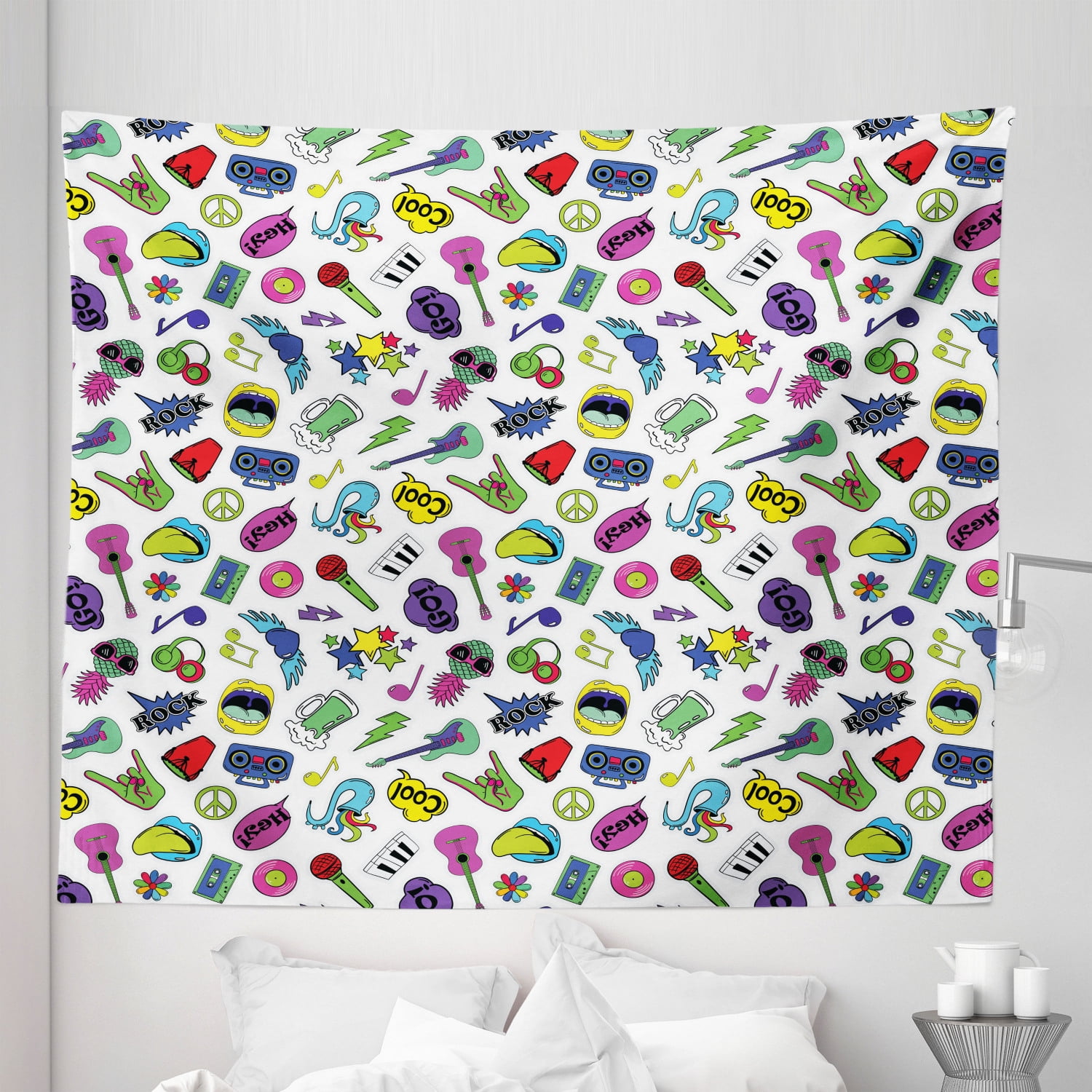 Emoticon Tapestry, Colorful Fun Music Themed Pattern with Instruments ...