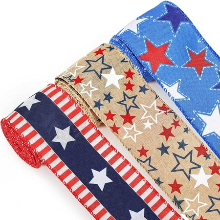 3 Rolls Patriotic Ribbon Wired Ribbon 4th July Ribbon Burlap Star ...
