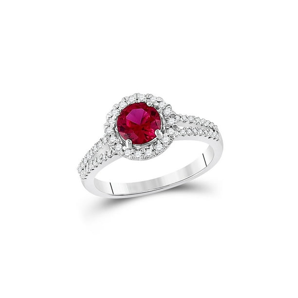 FB Jewels - FB Jewels 10kt White Gold Womens Round Lab-Created Ruby Solitaire Diamond Halo Ring ...