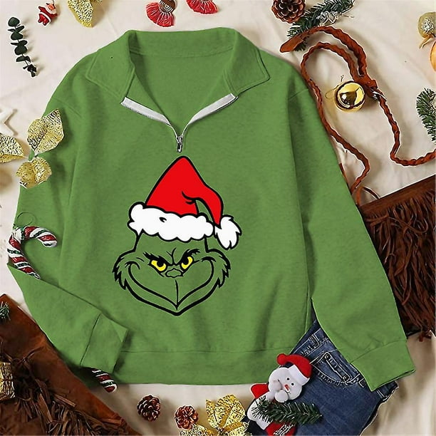 Merry Christmas Santa Grinch Zip V-neck Sweatshirt Women Xmas Funny ...