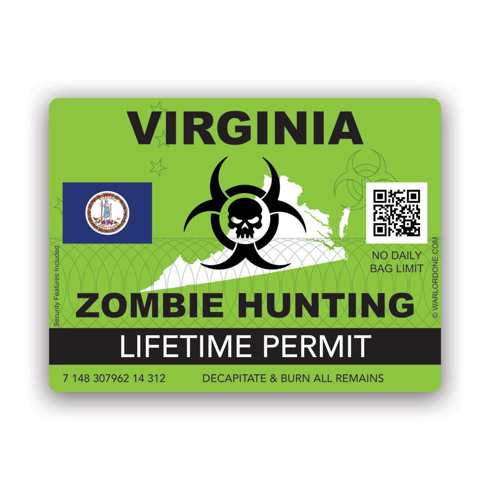 Zombie Virginia State Hunting Permit Sticker Decal - Self Adhesive ...