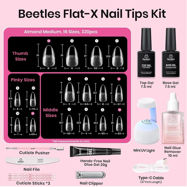Beetles Gel Nail Tips Kit, Flat-X Medium Almond Clear, 320pcs with Nail ...