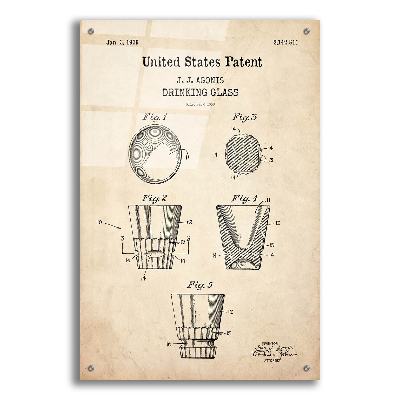 Epic Art 'Drinking Glass Blueprint Patent Parchment,' Acrylic Glass ...
