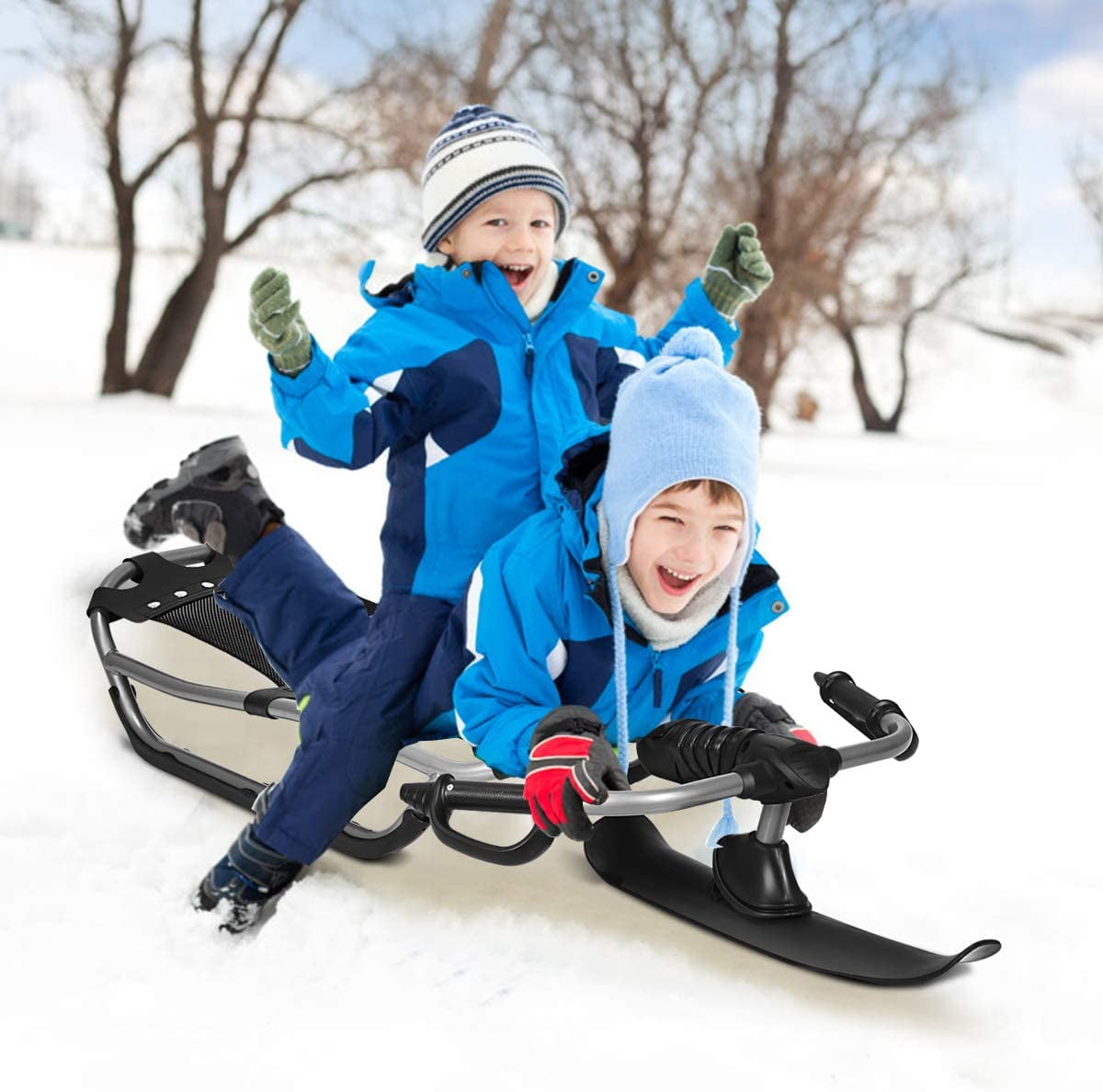 Snow Racer Sled, 55” Ski Sled Slider Board with Textured Grip Handles ...