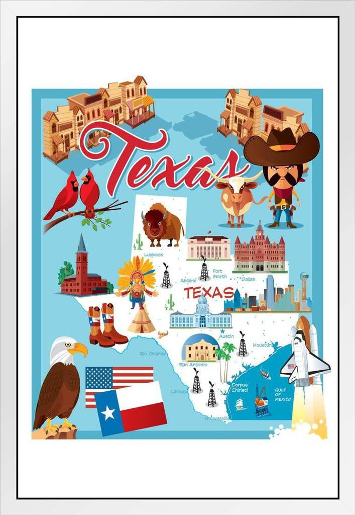 Illustrated Map of TEXAS White Wood Framed Poster 14x20 - Walmart.com