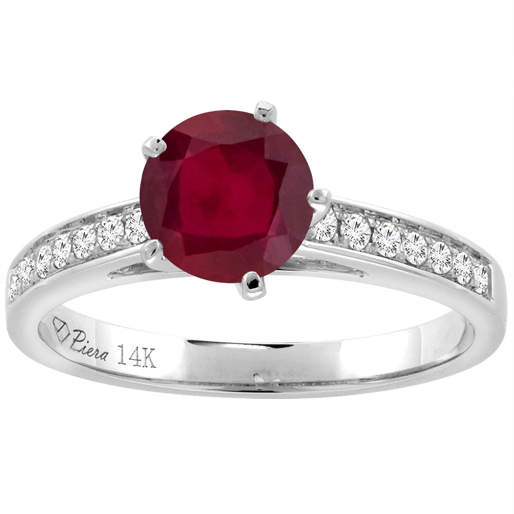 14K White Gold Diamond Enhanced Genuine Ruby Engagement Ring Round 7 mm ...